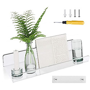 MAJOYLIFE 15 Inch Acrylic Floating Shelves,Clear Wall Mounted Book Shelf,Hanging Display Shelf for Bedroom Bathroom Living Room Office,Drilled and Self Adhesive (1 Pack)