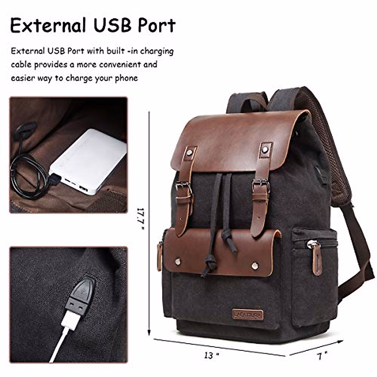 LACATTURA Vintage Leather Backpack for Men and Women, Denim Canvas College Travel Laptop Rucksack Vegan Daypack - Black