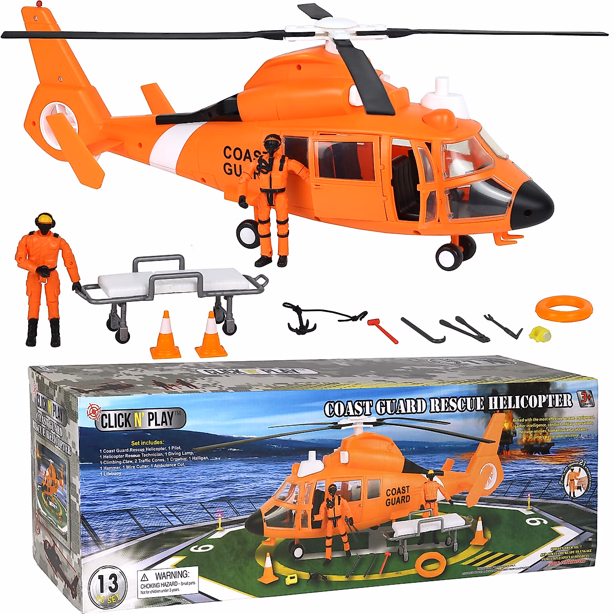Click N' Play Toy Helicopter Set, Coast Guard Rescue Helicopter for Kids, 13-Piece Play Set Including Coast Guard Action Figures & Accessories, Orange
