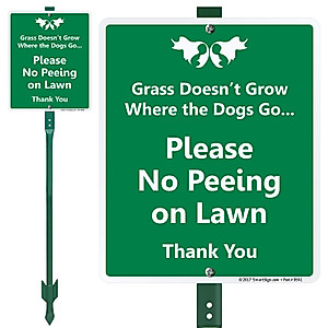 SmartSign 12 x 10 inch “Grass Doesn't Grow Where The Dogs Go - Please No Peeing On Lawn” LawnBoss Yard Sign with 3 foot Stake, 40 mil Laminated Rustproof Aluminum, White and Green, Set of 1, USA-Made