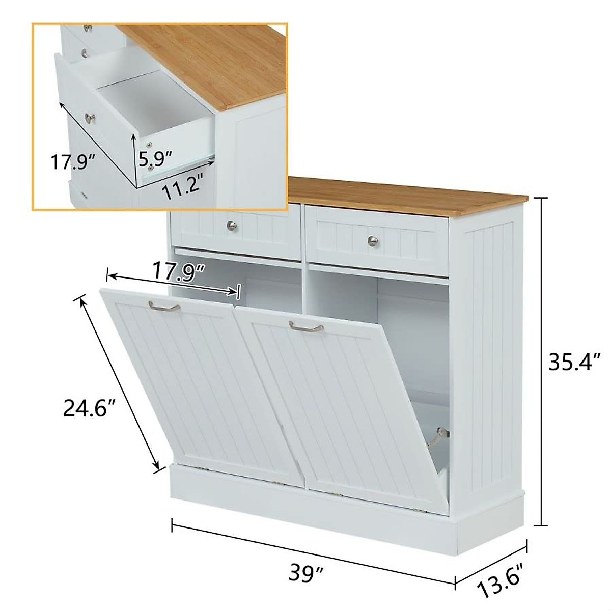 kinbor Double Tilt Out Trash Cabinets - Wooden Kitchen Trash Cabinet Bin, Free Standing Trash Can Holder & Recycling Cabinet with Hideaway Drawers, White