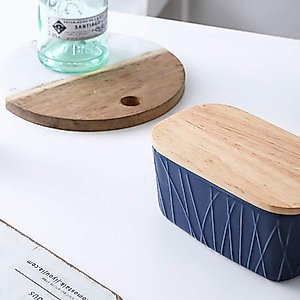 KOOV Porcelain Large Butter Dish with Lid for Countertop, Airtight Butter Container with Oak Lid, Butter Crock, Perfect for 2 Sticks of Butter, Irregular Striped Series (Aegean)