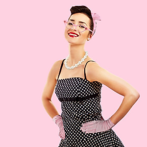 1950's Women Costume Accessories Polka Dot Hairband, Eyeglass, Faux Pearl Necklace, Stud Earring, Gloves (Pink and White)