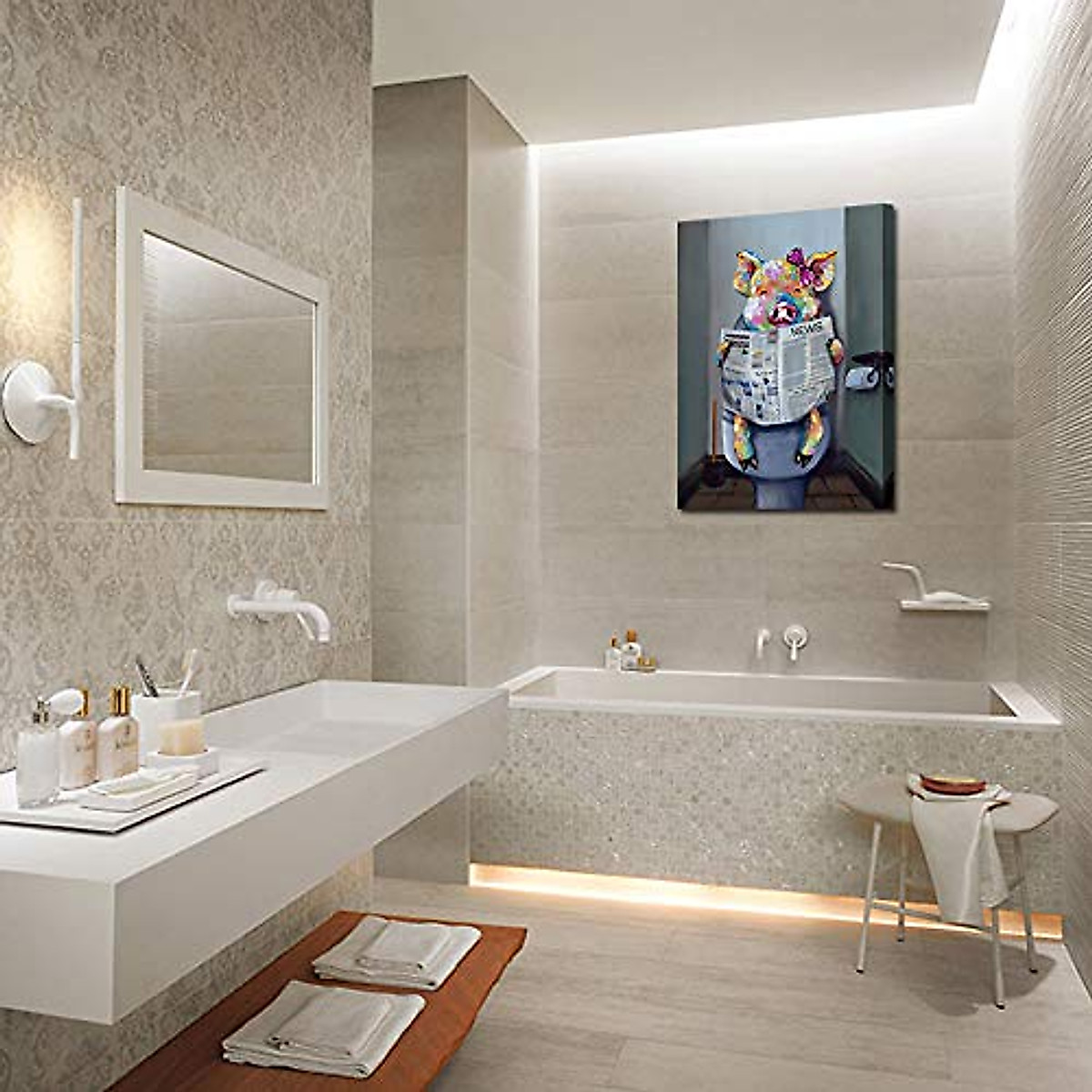 KREATIVE ARTS Funny Animal Painting Wall Decor Giclee Canvas Art Cute Pig Reading Newspaper on Toilet Painting Framed Prints Pictures to Hang for Bathroom Walls Decor 24x32inch