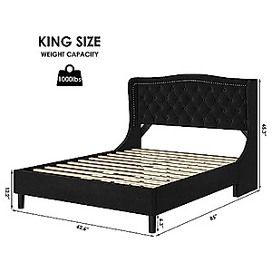 HOSTACK Modern Upholstered Platform King Bed Frame, Black, Velvet Fabric