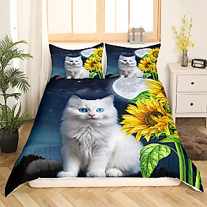 Cute Cat Duvet Cover Set Twin Size,Starry Sky Moon Night Comforter Cover Sunflower Bedding Set 2Pcs for Kids Girls Boys Woman Room Decor,Lovely Pet Animals and Plants Quilt Cover,1 Pillowcase
