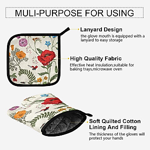 Oven Mitts and Pot Holder Oven Gloves Plants Flowers and Butterflies Provence Style Non Slip Hot Pads Insulation Gloves Heat Resistant Kitchen Set for Cooking Baking Grilling BBQ