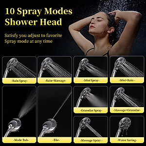 High Pressure 10-mode Handheld Shower Head Set with 60" Hose, ROOSSI Detachable Filter Shower Head with ON/OFF Pause Switch Built-in 2-Mode Tub & Tile Power Wash (Chrome）