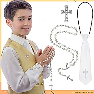 5 Pieces Boys First Holy Communion Accessories Boys Communion Set Including 1 White Tie 1 Folded Handkerchief Embroidered with the Cross 1 Cross Pin 1 Pearl Rosary 1 Cross Candle for Baptism