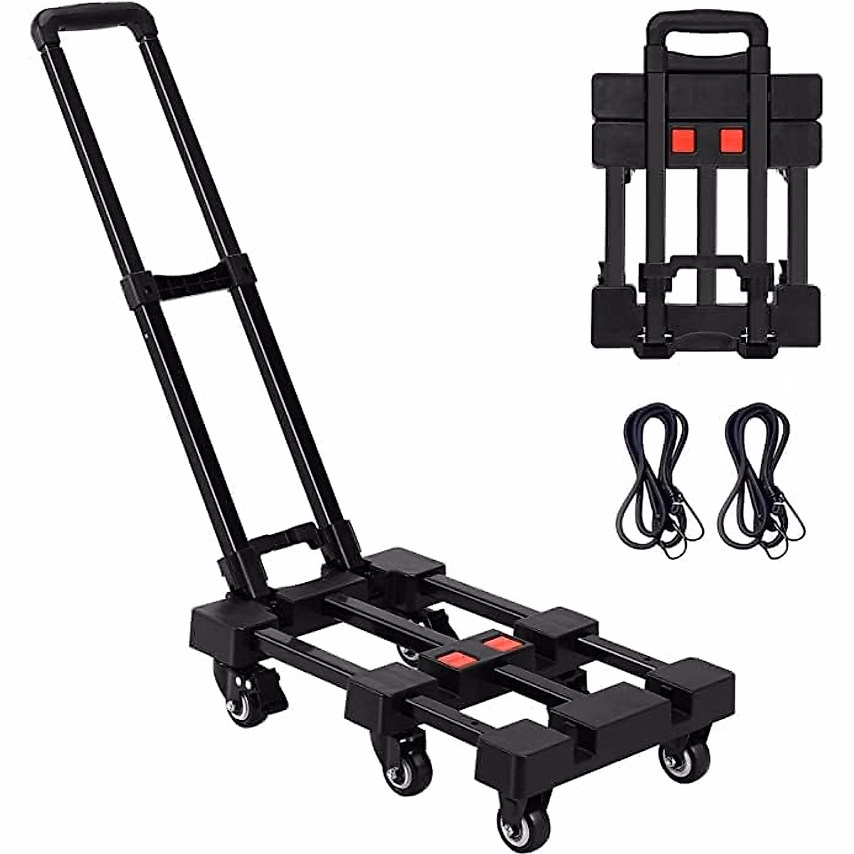 Foldable Dolly for Moving, Heavy Hand Truck Adjustable Handle, 440LB Luggage Cart Dolly with 6 Wheels & 2 Bungee Cords for Moving Heavy Furniture