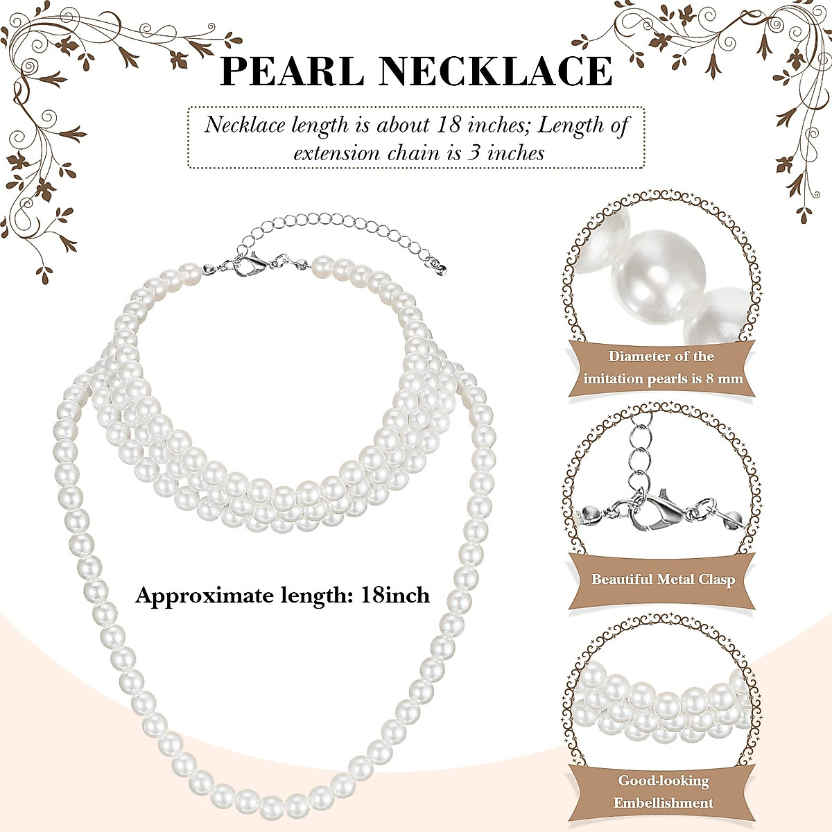 BBTO 4 Pieces Pearl Necklace Set for Women, 8 mm Round Shell Pearl Stunning Pearl Stretch Bracelet, Multi Strand Choker Necklace, Dangle Earrings Jewelry, Halloween Christmas Birthday Wedding Present