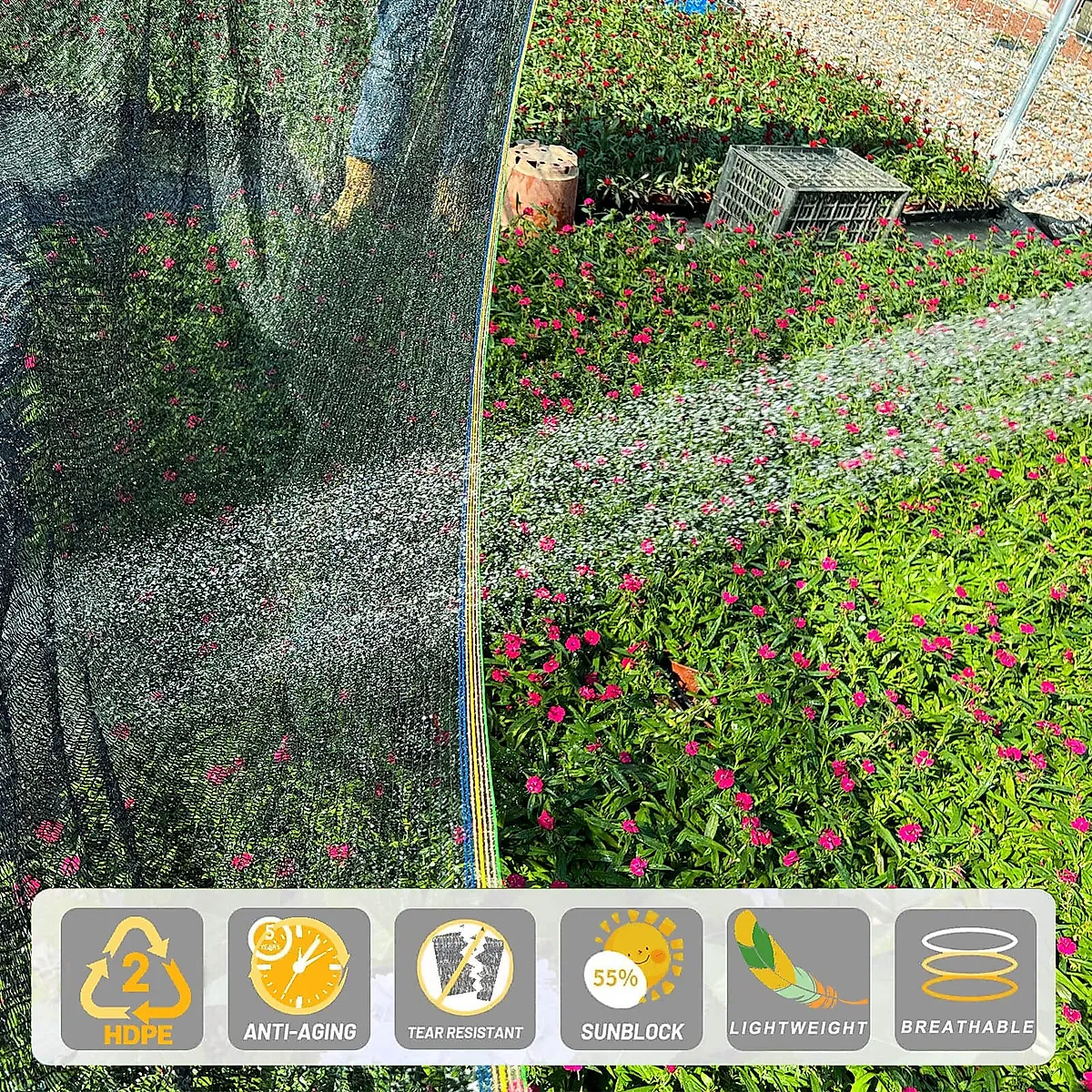 KAAOGITY 55% Sunblock Shade Cloth Cover Mesh UV Resistant Net for Garden Flower Plant Greenhouse, Black (6.5 x 10 FT)