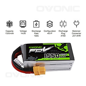 OVONIC 4S Lipo Battery 1550mAh 100C 14.8V Lipo with XT60 Plug for FPV Racing RC Quadcopter Helicopter Airplane Multi-Motor Hobby DIY Parts