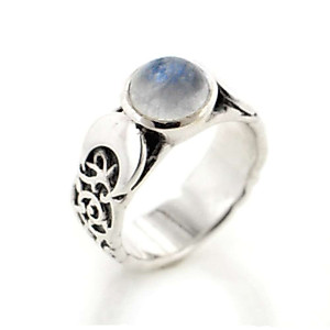 Sterling Silver Lunar Moon Phases and Rainbow Moonstone Ring Size 11(Sizes 4,5,6,7,8,9,10,11,12)