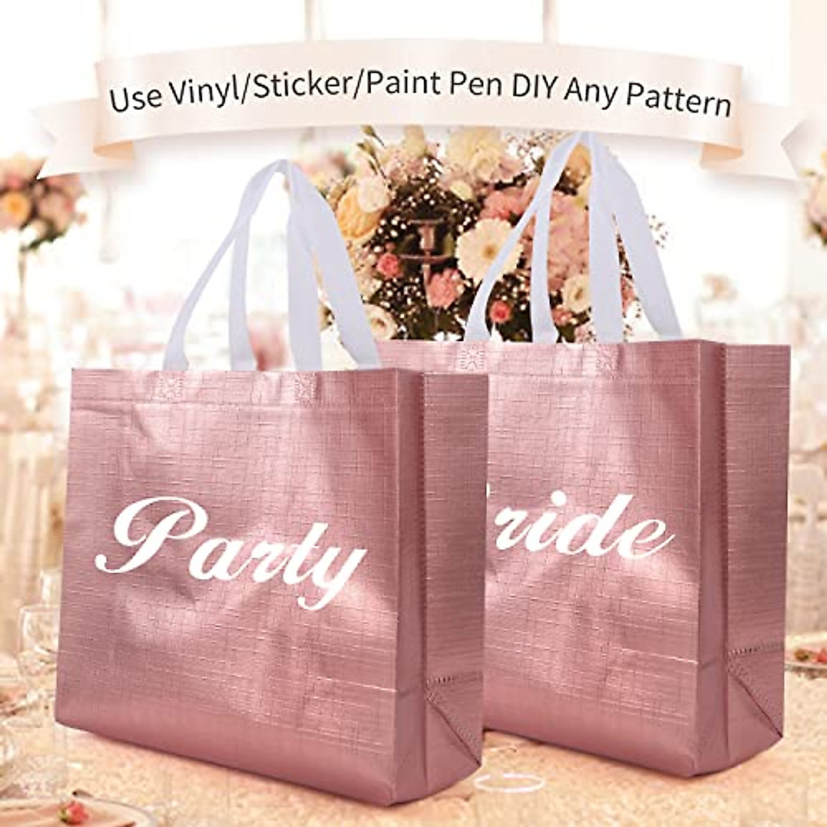 YHJZ 12 Pcs Reusable Gift Bags, Rose Gold Gift Bags Glossy Glitter Reusable Grocery Bag with Handle Non-woven Shopping Bags Tote Bag for Presents Bridesmaid Birthday Party Wedding (Rose Gold)