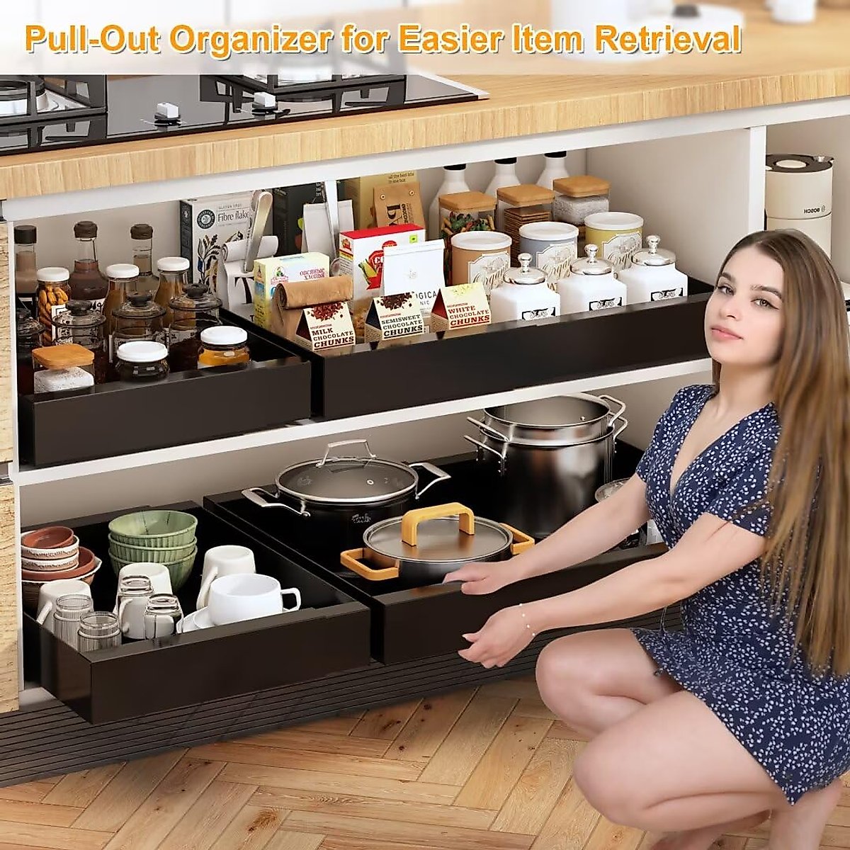 2Pc Pull out Cabinet Organizer,Slide out Drawer with 3 Rails,16"D,Expandable(12.1"-20"W) Peel and Stick Pull out Drawers for Kitchen,No Screw Adjustable Cabinet Drawer,Pantry Roll out Shelves,No Drill