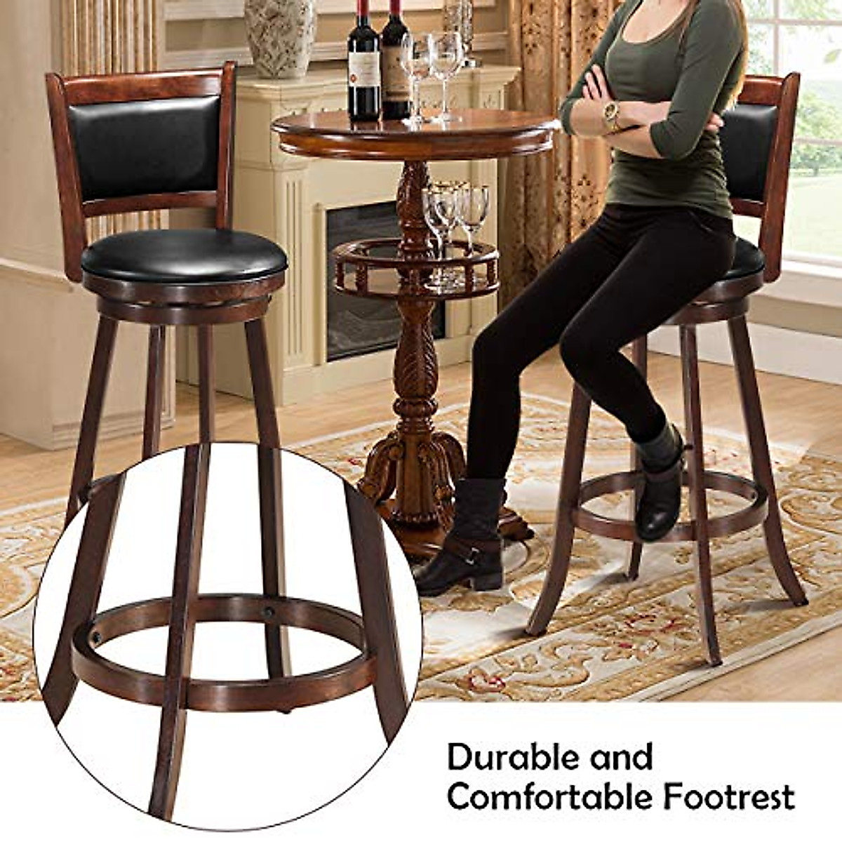 COSTWAY Bar Stools Set of 2, 360 Degree Swivel, Accent Wooden Swivel Seat Bar Height Stool, Leather Upholstered Design, PVC Cushioned Seat, Perfect for Dining and Living Room (Height 29")