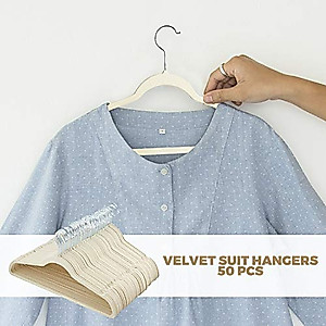 Halter Velvet Hangers 50 Pack Non Slip Suit Hanger Swivel Hook with Free Drawer Closet Organizer Divider | Beige