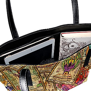 Women Tote Shoulder Bag, Vintage Tarot Cards Retro Leather Work Handbag with Zipper for Teens College Students