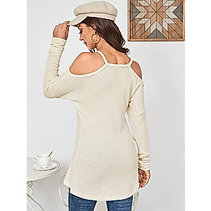 YOINS Pullover Sweaters for Women Jumpers Sexy V Neck Cold Shoulder Long Sleeves Casual Loose Fashion Knitted Tee Tops Blouse NEWVSN001-Beige S