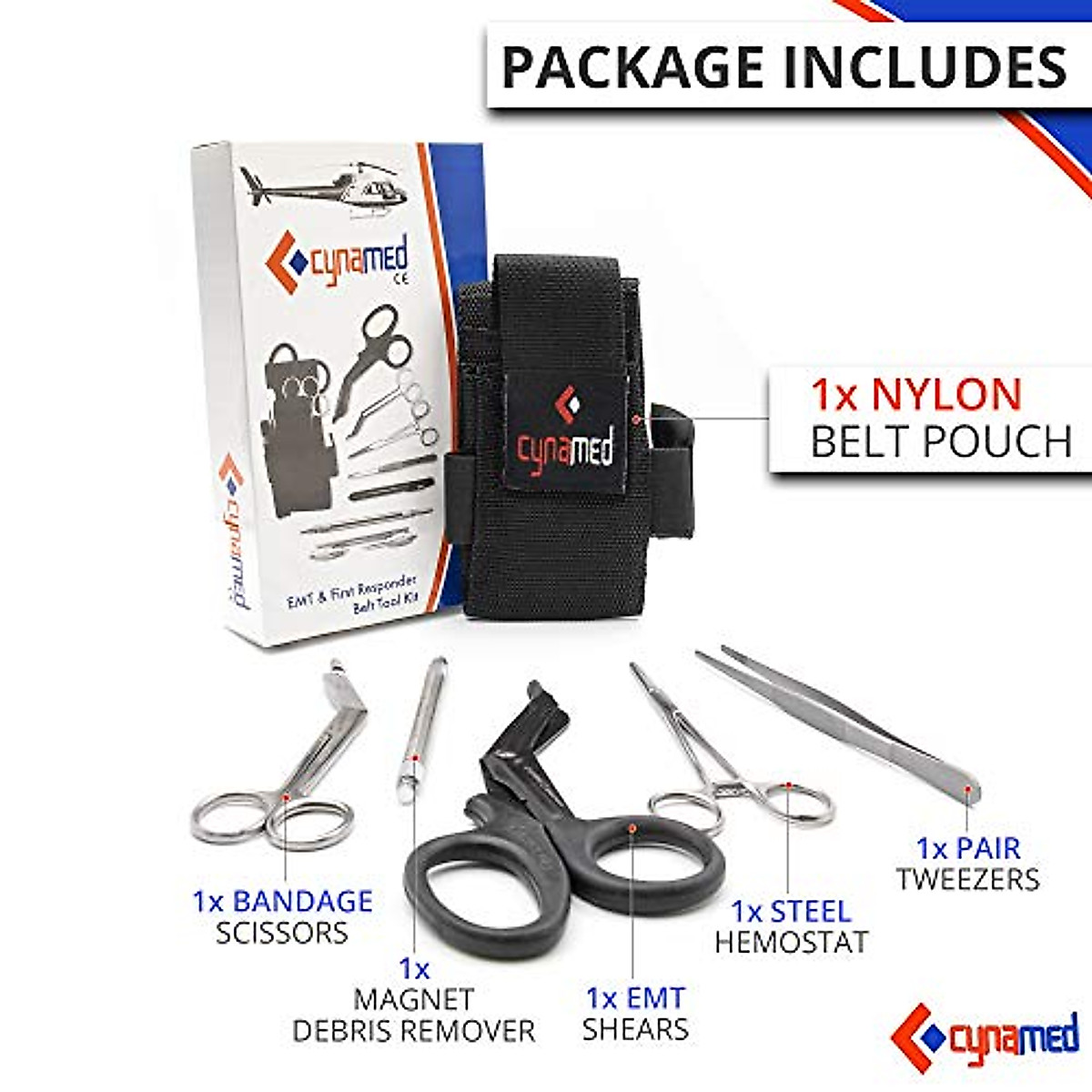 Cynamed First Responder Medical Tool Kit - Bandage Scissors, Magnetic Debris Remover, EMT Shears, Hemostat, Tweezers - Adjustable Multi-Pocket Nylon Belt Pouch - Paramedic, Nurse, Emergency Responders