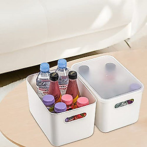 Lawei 4 Pack Plastic Storage Bins with Lid, White Stackable Storage Basket Organizer Box, Sturdy Containers Organizing Lidded Bins for Shelves, Cabinet, Desk, Pantry, Bedroom, Bathroom, Book, Toys