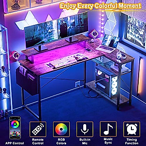 Homieasy L Shaped Computer Desk with LED Strip & Power Strip, 55 Inch Corner Desk with Monitor Stand Reversible Storage Shelves, Modern Simple Home Office Gaming Desk with Storage Bag(Rustic Brown)