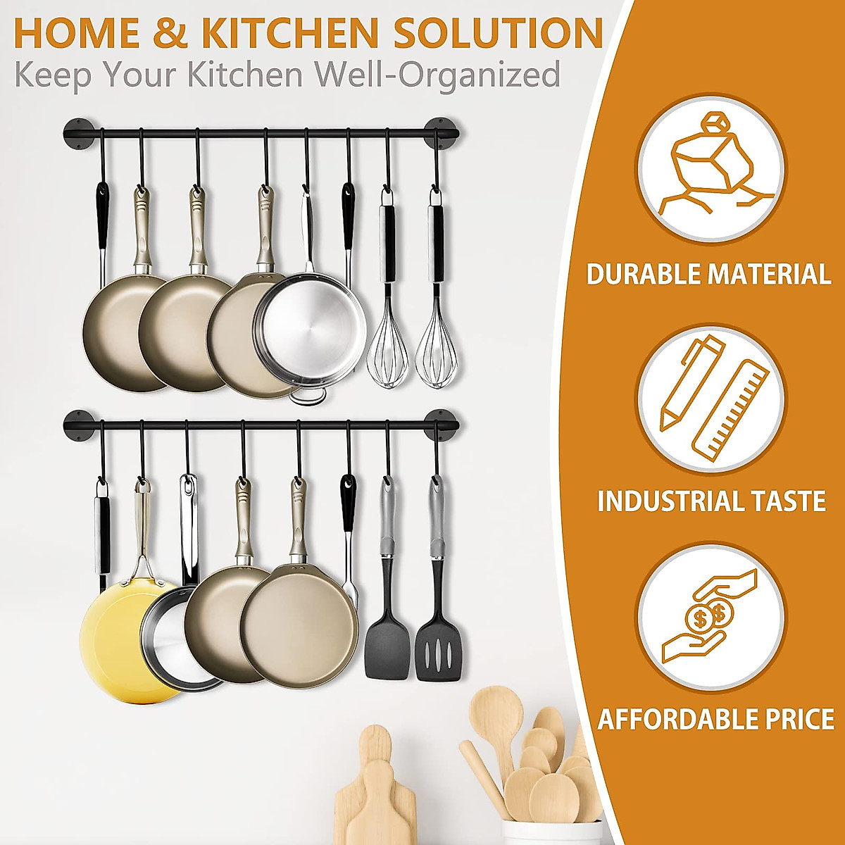 Black Steel-made Kitchen Utensil Rack Organizer Wall-mounted Pot Pan Wall Hanger Holder For Hanging Rail with 10 S Hooks