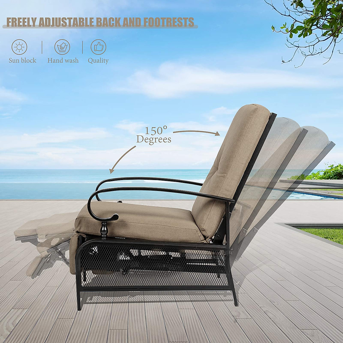 Oakcloud Adjustable Outdoor Lounge Chair Metal Patio Relaxing Recliner Chair with Removable Cushions(Brown)