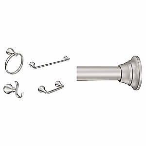 Moen Y1394BN Wellton Bath Accessory Collection, Brushed Nickel & Brushed Nickel Adjustable 44-72-Inch Tension Mounted Straight Shower Curtain Rod for Bathroom, TR1000BN