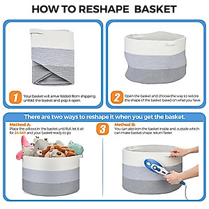 Ravinte Large Storage Basket - 22"x 22"x 14" Blanket Basket for Living Room, Baby Toy Storage Basket, Cotton Rope Basket Woven Laundry Basket (White-Blue-Gray)