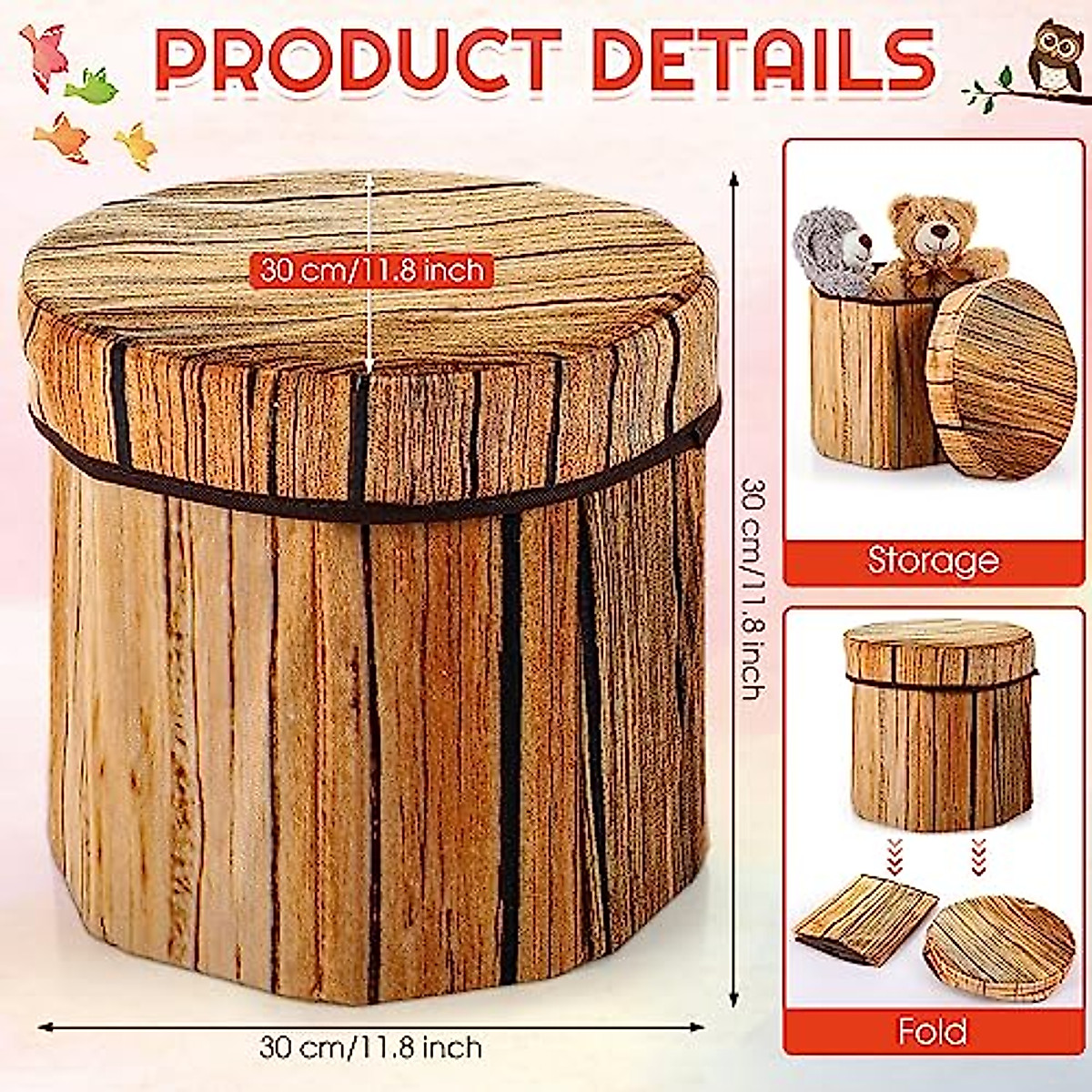 Amylove 3 Pack Tree Stump Storage Stool 12 x 12 Inch Stool Ottoman, Cute Folding Storage Toy Box with Foam Cushion, Collapsible Seat Chest (Novel)
