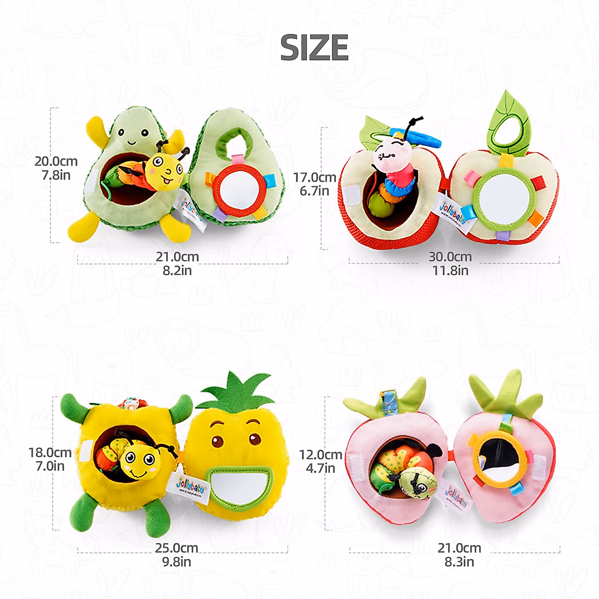 Jollybaby Plush Stuffed Fruit Baby Rattle Toy for Stroller Car Seat Crib, Montessori Sensory Plush Avocado Toy with Rattle and Mirro Toy for Baby 0-6-12 Months, Infant Baby Boy & Girl Shower Gift