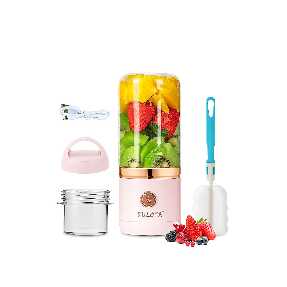 Portable Blender with Travel Cup, USB Rechargeable BPA Free14 Oz PULOYA Personal Juicer for Smoothies and Shakes, Pink