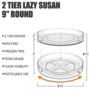 FIVOF Lazy Susan Round Plastic Clear Rotating Turntable Organization Storage Container Bins for Cabinet Pantry Fridge Kitchen Vanity Spinning Organizer for Spices Condiments (2-Tire-1-Pack, 9 inch)