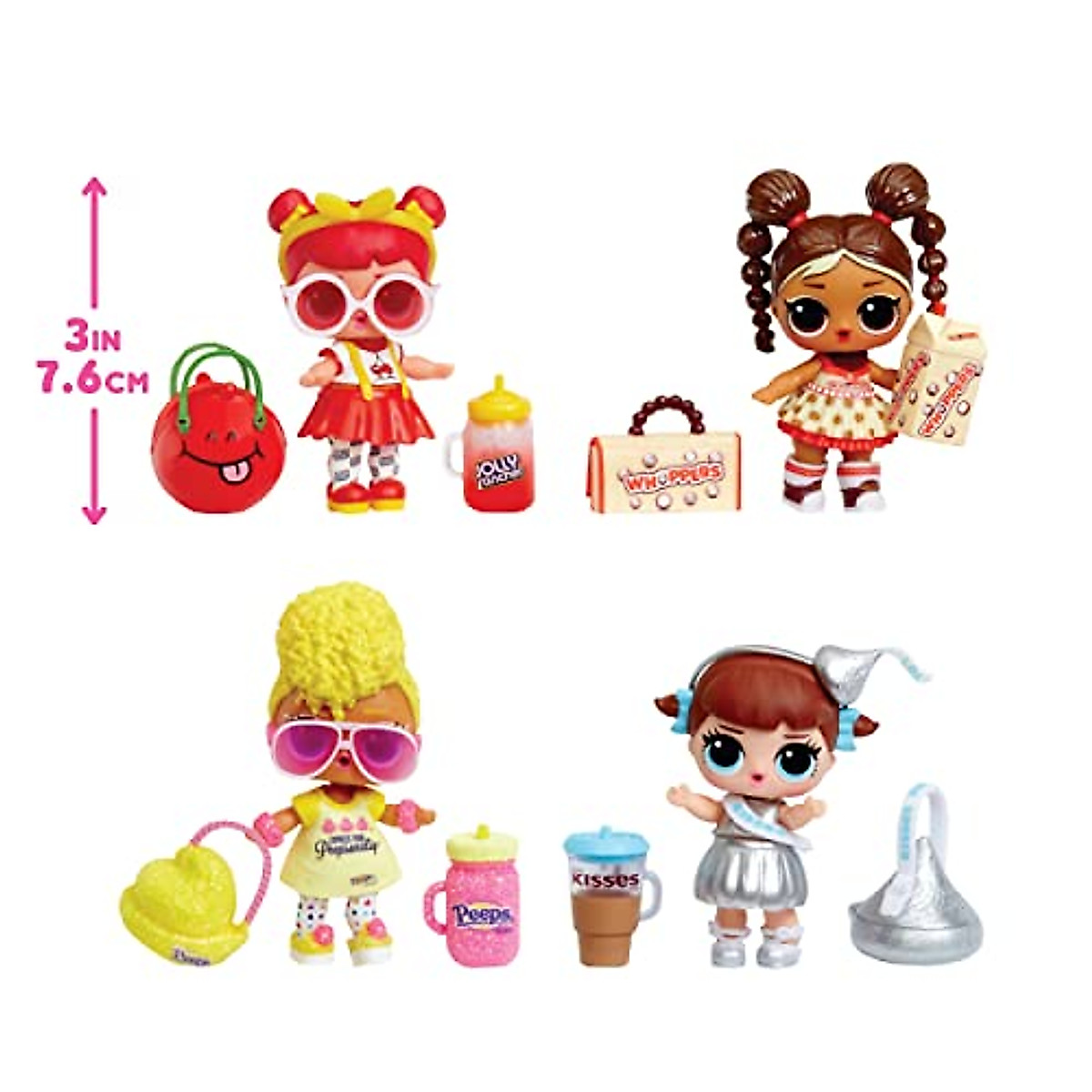 LOL Surprise Loves Mini Sweets Dolls 4-Pack #1 Jolly Rancher, Hot Tamales, Hershey’s Chocolate, Chupa Chups, w/ 32 Surprises, Candy Theme, Accessories, Collectible Doll, Paper Packaging