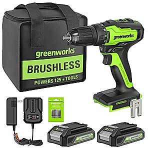 Greenworks 24V Brushless Cordless Drill Kit, 310 in./lbs, 18+1 Position Clutch, 1/2 '' Keyless Chuck, Variable Speed, (2)2Ah Batteries with 2A Charger, LED Light, 8pcs Drill Bits with Tool Bag