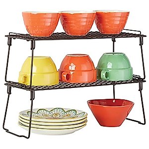 mDesign Metal Stackable Storage Shelf - 2 Tier Raised Food and Kitchen Organizer for Cabinets, Pantry Shelves, Countertops, Closet, 2 Pack, 7" x 17.3" x 6.5" - Bronze