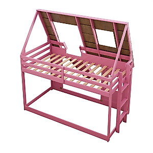 SOFTSEA Pink House Bunk Bed with Roof Low Bunk Bed with Slide for Girls, Twin Over Twin