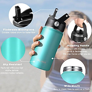 GLINK 12oz Kids Stainless Steel Water Bottle with Straw, Wide Mouth Double Wall Vacuum Insulated Water Bottle Leakproof for Toddler, Straw Lid and Spout Lid with New Rotating Rubber - Turquoise