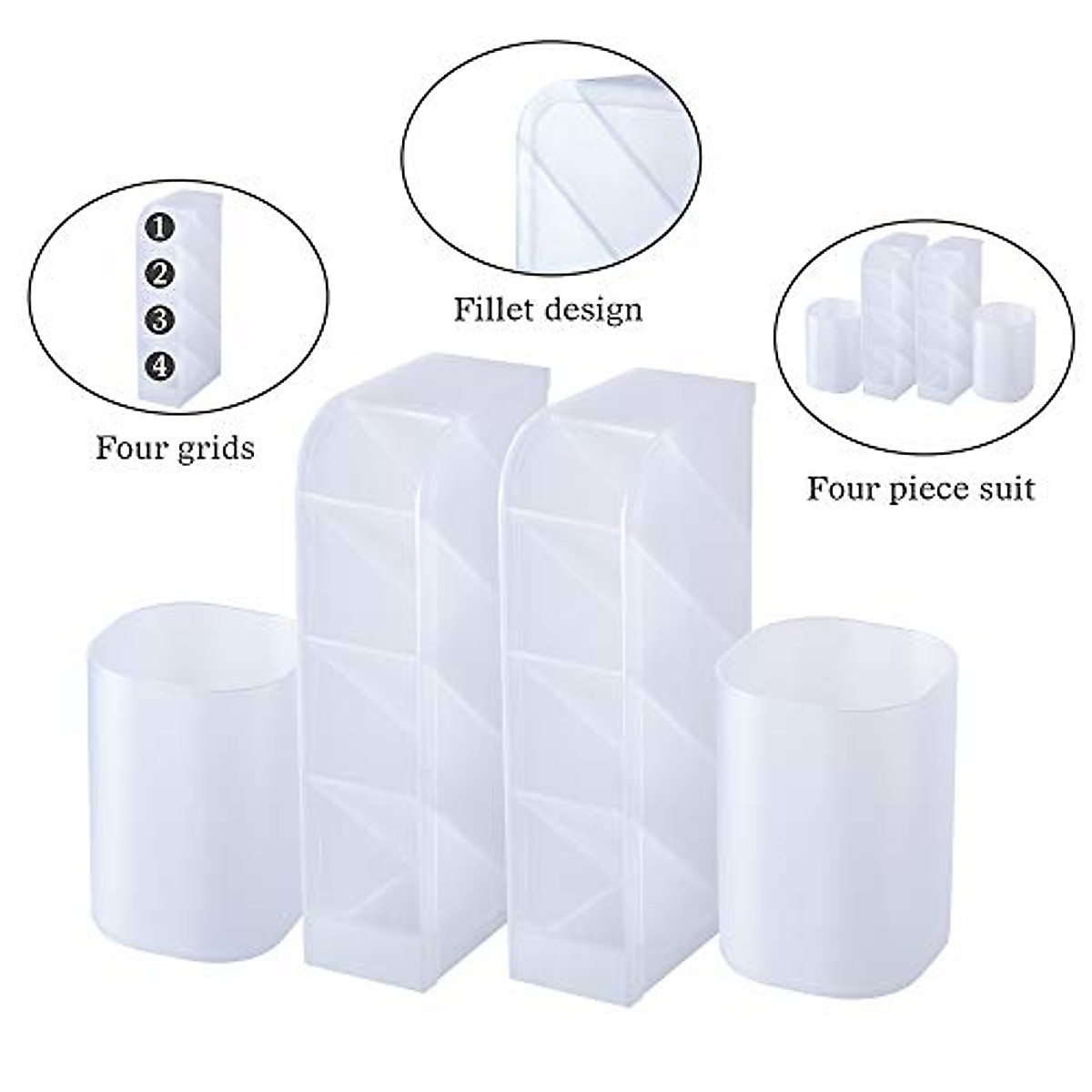 4 Pcs Pen Organizer, Desk Organization, Wellerly Cute Desk Pencil Markers Holder Storage Box Set Multi-Functional Stationary Desktop Cup Organizers for Home Room / Office / School Art Supply - White