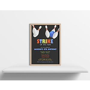 Bowling Birthday Party Invitations Bowling Alley Invites Strike Nightime Midnight Strike Ball Pins Bday Printed Customizable Personalized (12 Count)