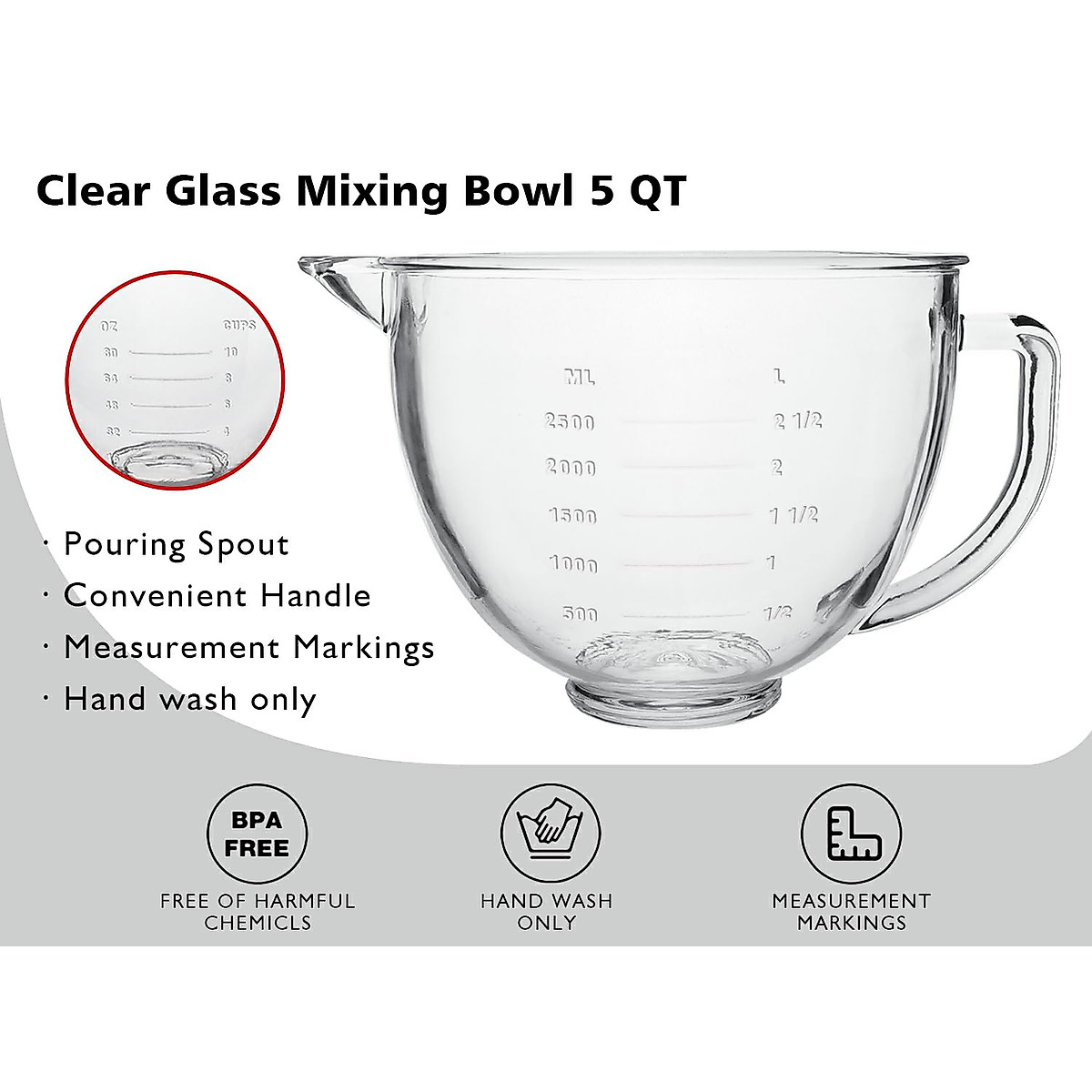 Glass Mixing Bowl 5 QT, Mixing Bowl for KitchenAid 4.5 and 5 Quart Tilt-Head Stand Mixers, Stand Mixer 5 Quart Fits Artisan KSM150, RRK150, KSM100, K45SS, KSM90, KSM95, K45, KSM110, 5KSM125 and More