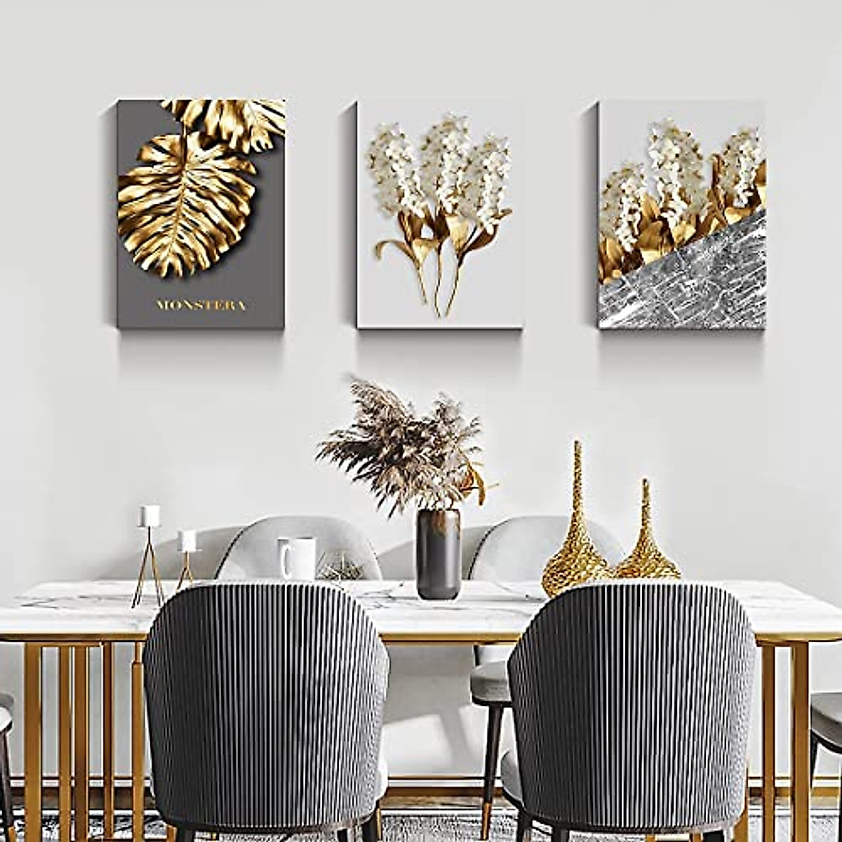 QTESPEII Large Modern Canvas Wall Art Hyacinth Painting White Flower Gold Leaf Canvas Prints for Living Room Bedroom Office Wall Decor Framed Home Office Walls Decorations, 16"x24" 3 Pieces