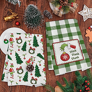 AnyDesign Christmas Kitchen Towel Green White Buffalo Plaids Dish Towel 28 x 18 Inch Funny Cartoon Character Tea Towel Xmas Decorative Hand Drying Towel for Kitchen Cooking Baking, 4 Pack