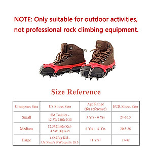 LINXGR 11-Spikes Kids Crampons Teens Ice Cleats for Shoes and Hiking Boots 11 Teeth Anti Slip Crampons Small for Camping Hiking Walking Shoes, Teens (Red, Large for Big Kids/Teenagers)