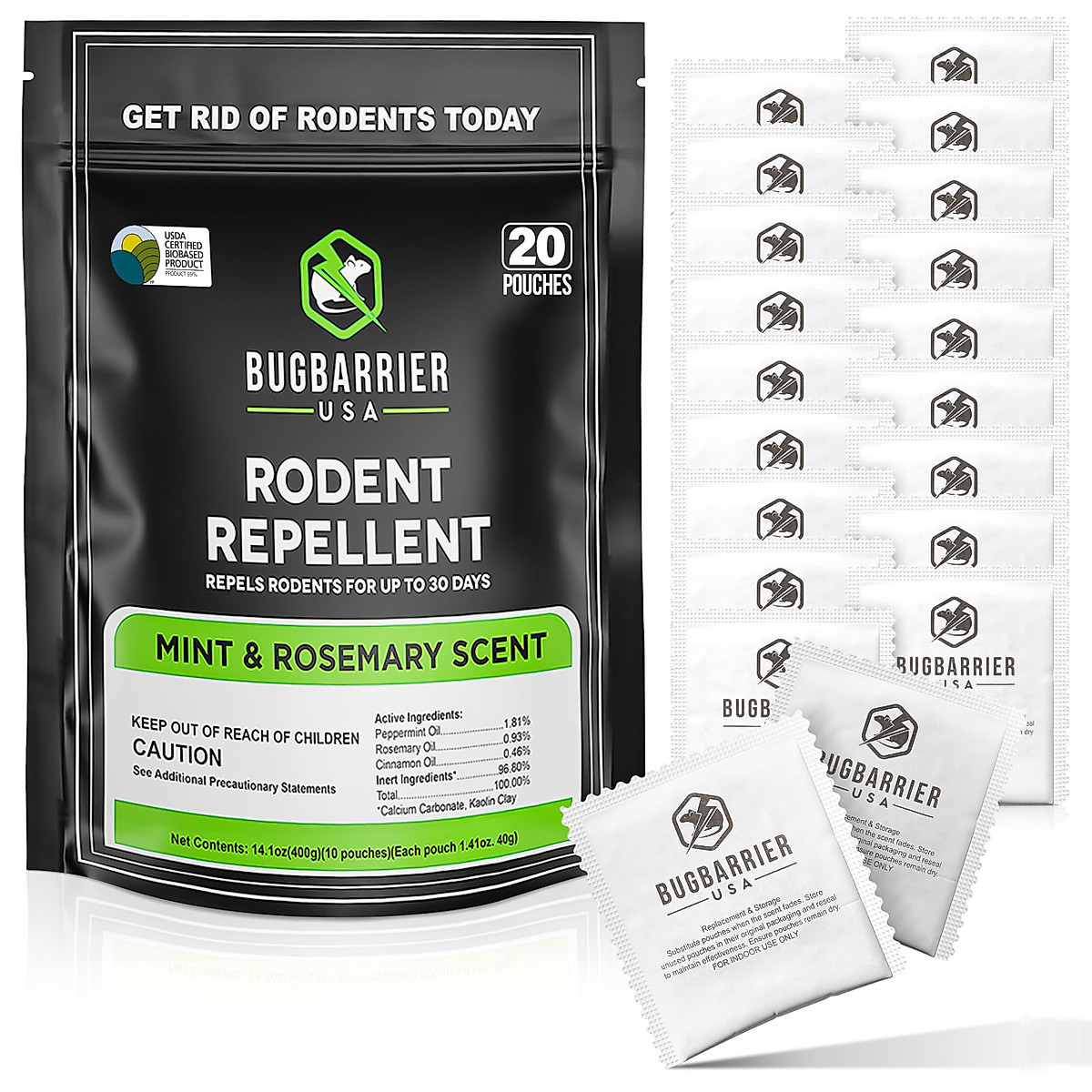 BugBarrier's Extra-Strength Mouse Repellent Pouches, USDA 99% Biobased, Peppermint & Rosemary Oils Repel Mice Nesting & Freshen Air in Car, RV, Boat, Garage, Shed, Cabin Made in The USA (Pack of 20)