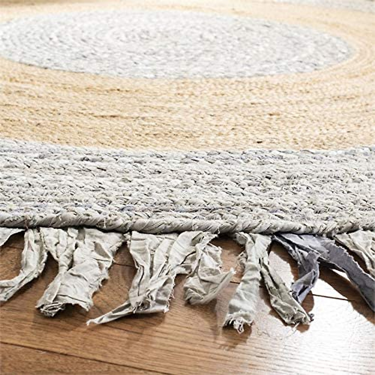 SAFAVIEH Cape Cod Collection 3' Round Light Grey / Natural CAP701F Handmade Boho Fringe Jute & Cotton Area Rug