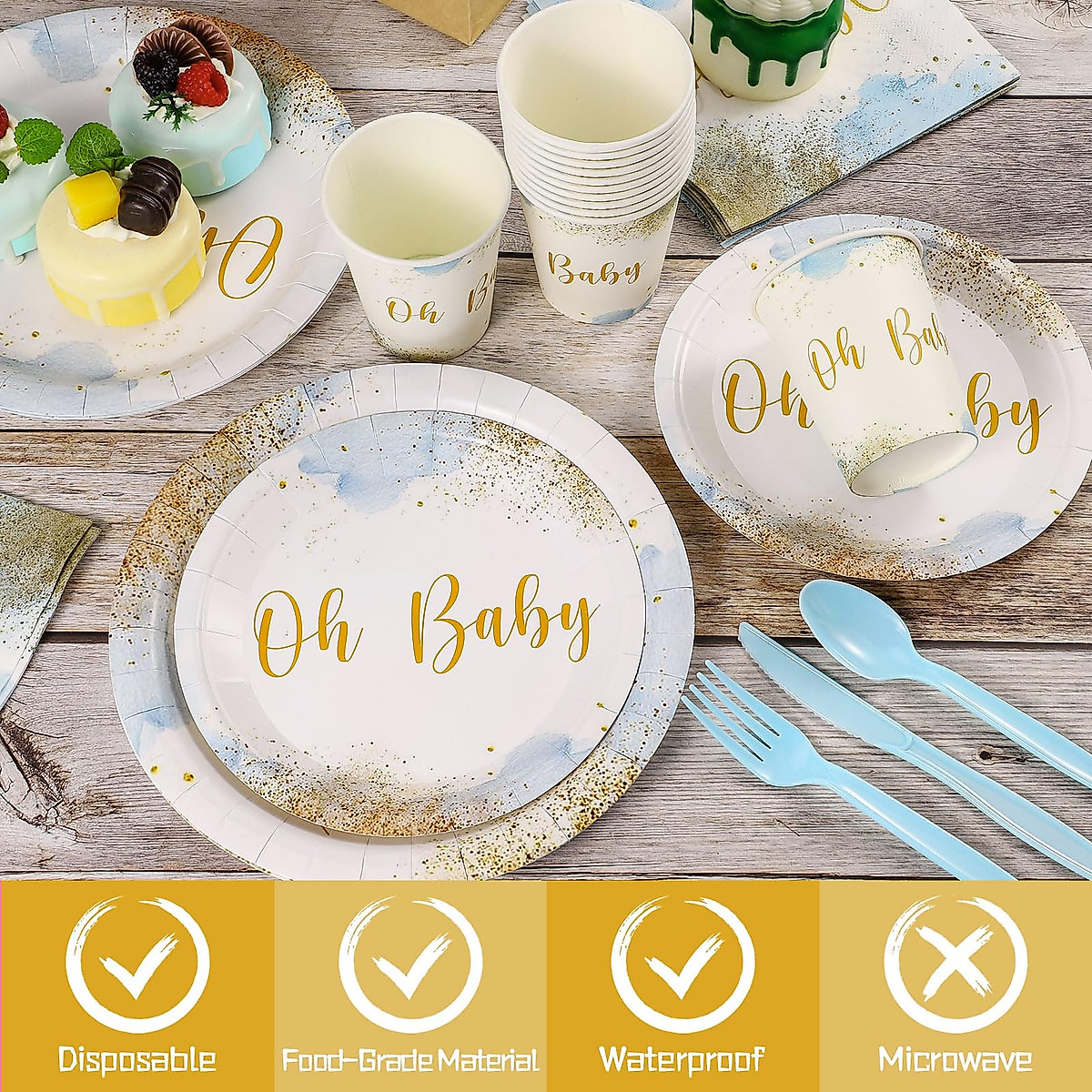 175 Pcs Baby Boy Shower Plates,Dusty Blue Baby Shower Decorations Includes Baby Shower Plates Napkins Cups Plastic Forks Spoons Knives,Boy Baby Shower Decorations for 25 Guests