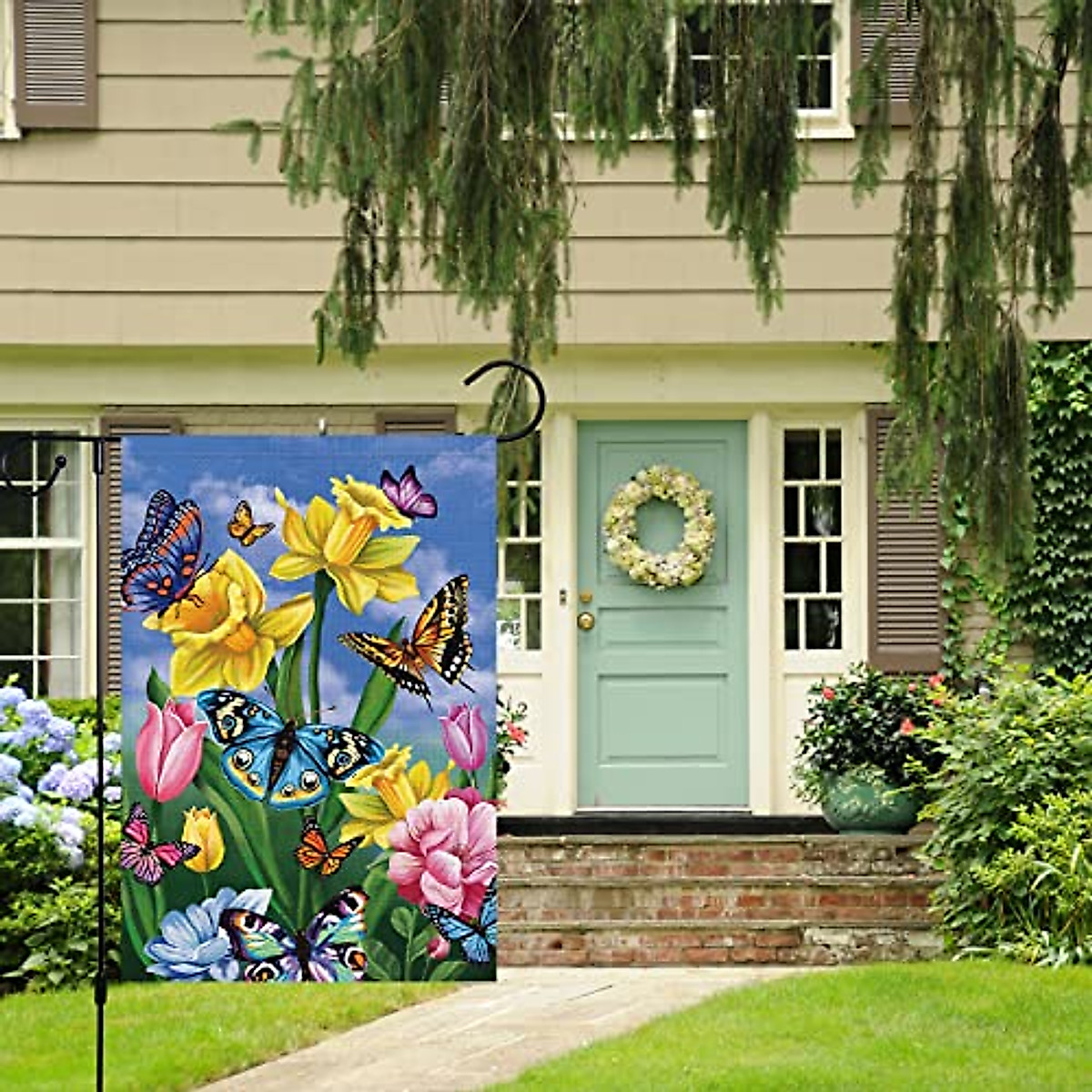 Louise Maelys Spring Garden Flag 12x18 Double Sided Vertical, Burlap Small Butterfly Floral Flower Welcome Garden Yard House Flags Outside Outdoor House Spring Summer Decoration (ONLY FLAG)